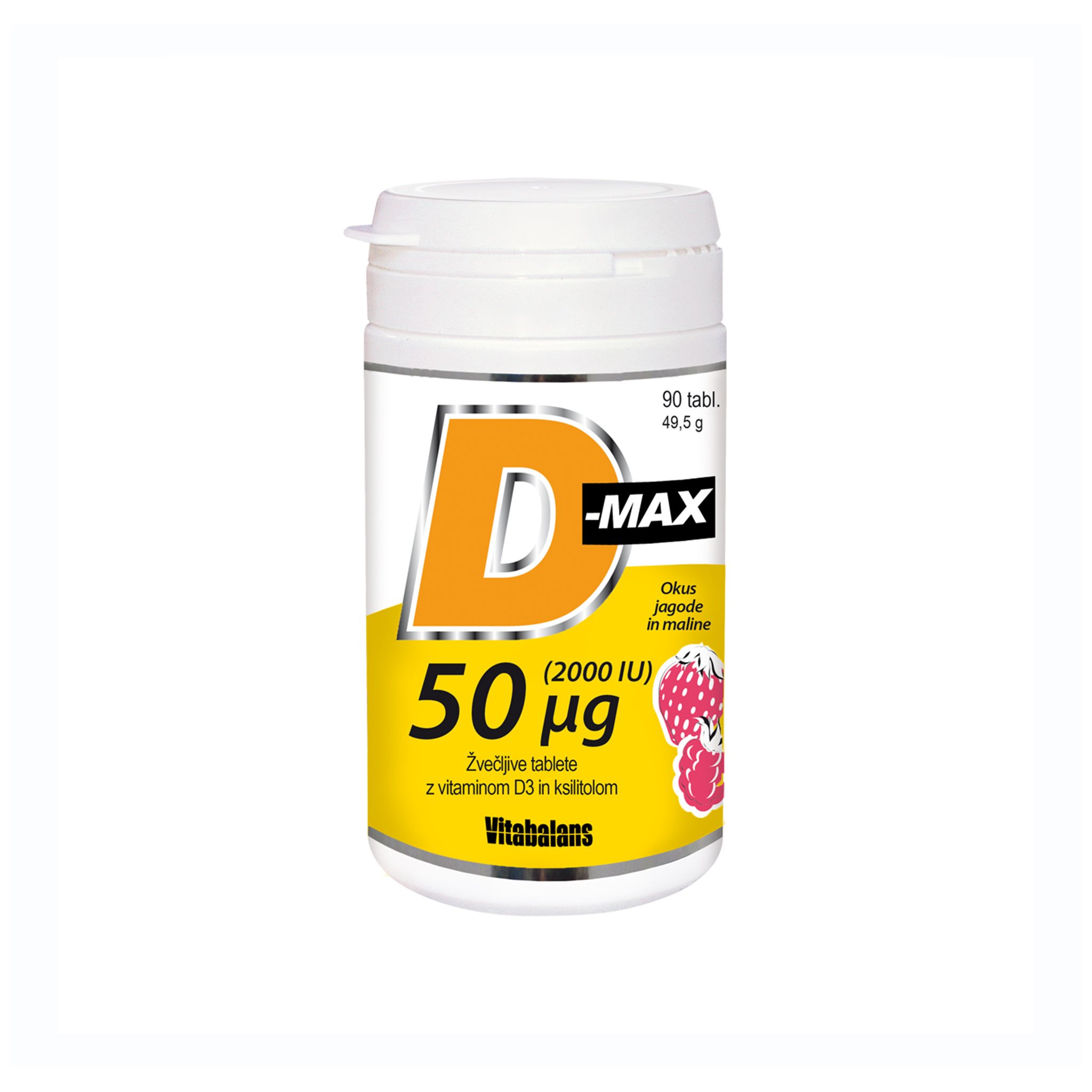 D-max 2000 IU žvečljive tablete z vitaminom D3 okus jagode in maline ...